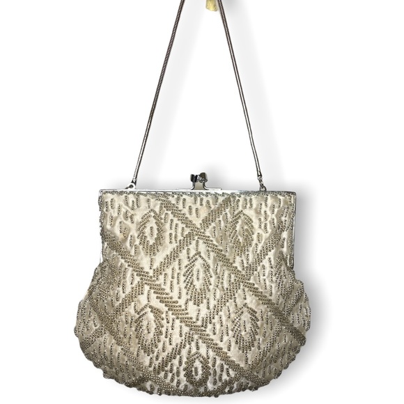 Bags | Vintage Beaded Purse Clam Shell White Cream Hinged Convertible ...